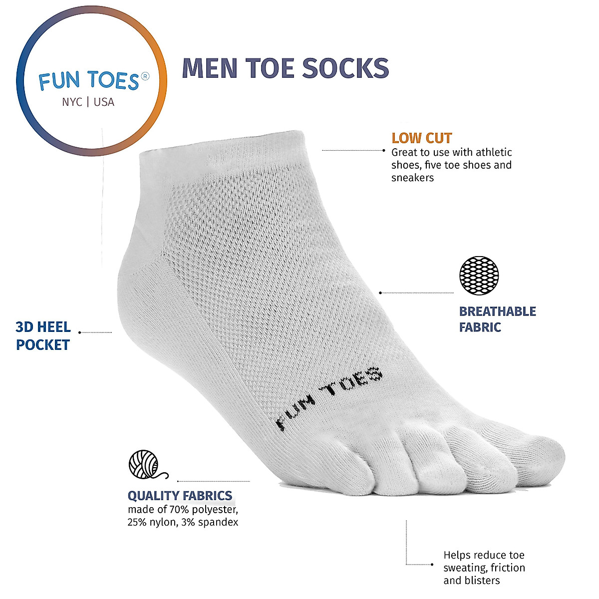 FUN TOES Mens Toe Socks Barefoot Running Lightweight -Value 6 Pairs Pack- Size 6-12 WHITE/GRAY
