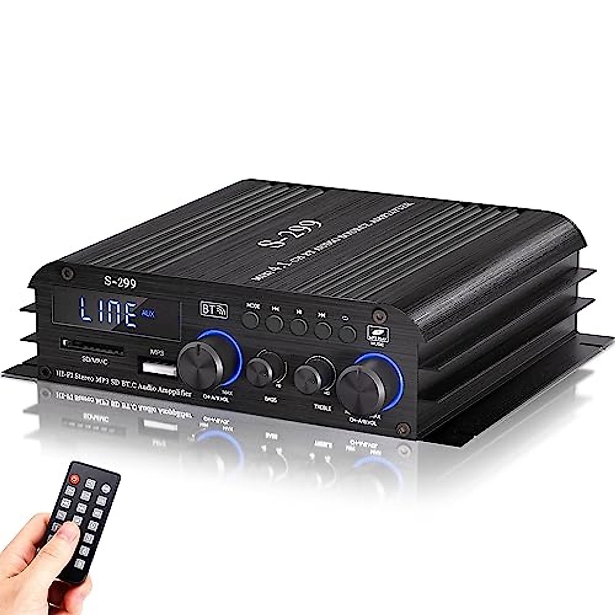 Facmogu S-299 4.1CH Bluetooth Power Amplifier with Active Subwoofer Output Max 800W RMS 40Wx4 Subwoofer Amplifier Hi-Fi Integrated Mini Speaker Amp Audio Sub Bass Amp Remote Control & 12V Power Supply