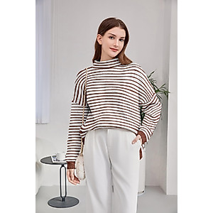 Women's Turtleneck Long Sleeve Striped Oversized Ribbed Knit Pullover Sweater Tops