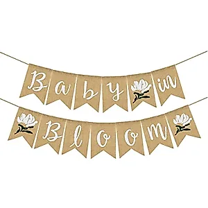 Whaline Baby in Bloom Burlap Banner with Flower, Rustic Bunting Garland for Baby in Bloom Party, Baby Shower Magnolia Floral, Spring Theme Party Mommy to Be Celebration Supplies