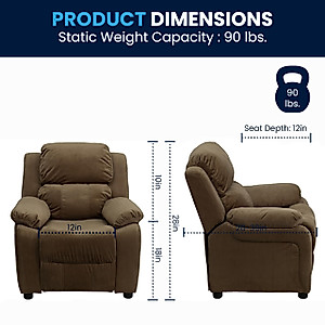 Flash Furniture Charlie Microfiber Kids Recliner with Flip-Up Storage Arms and Safety Recline, Contemporary Reclining Chair for Kids, Supports up to 90 lbs., Brown