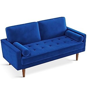 Vesgantti 58 inch Loveseat Sofa, 2 Seater Sofa for Small Space, Button Tufted Blue Velvet Couch with 2 Pillows, Mid Century Modern Couch w/Armrest, Small Couches for Living Room, Bedroom, Apartment