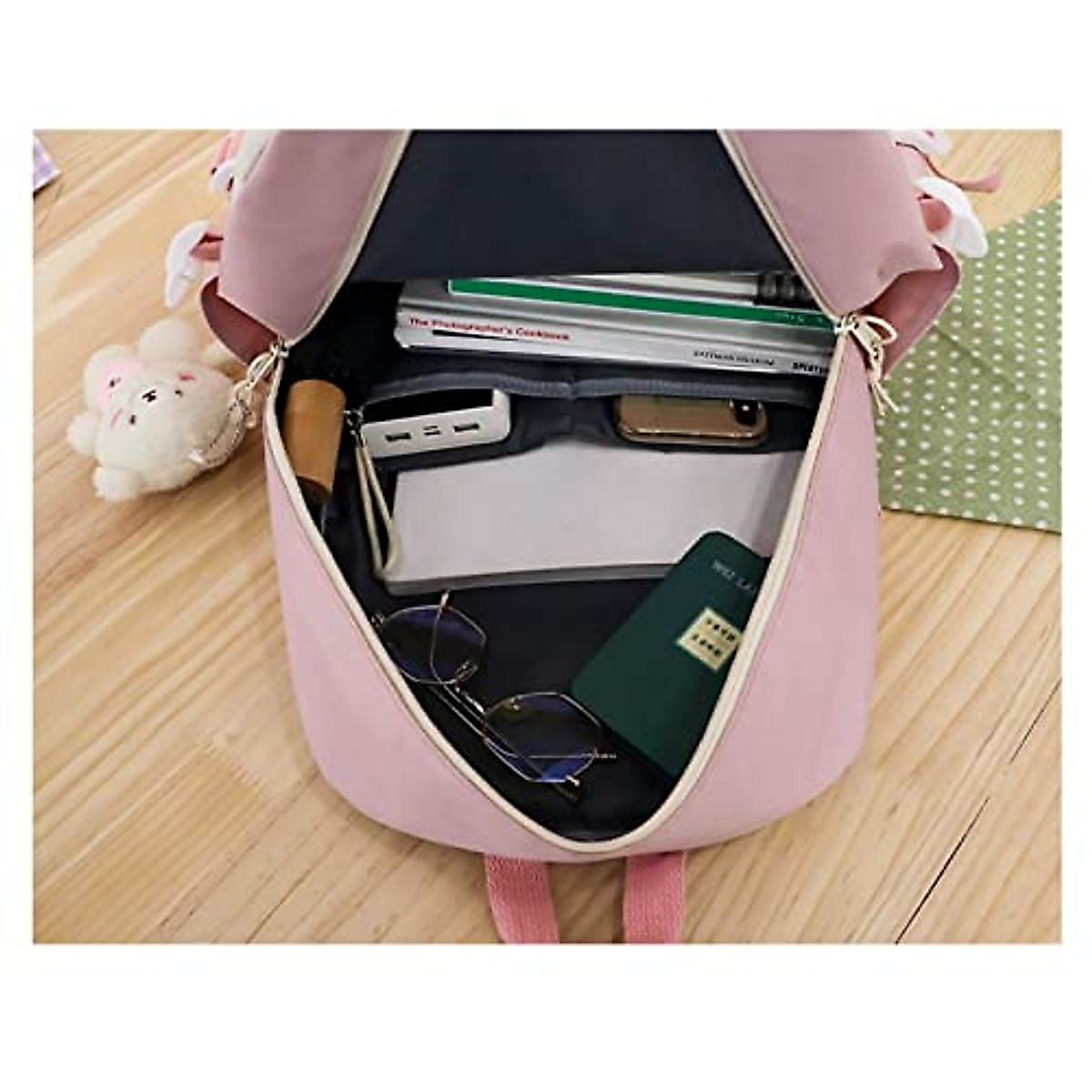 5pcs Backpacks Set Bear Pendant Pins Kawaii Japanese Daypack Back to School Supplies Tote Shoulder Bag Front Pocket Pouch (Pink,unisex-adult,One Size)