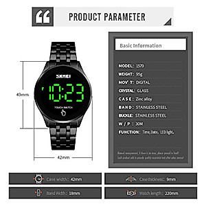 PASOY Touch Screen Digital LED Watch Green Highlight Backlight Stainless Steel WatchBand Waterproof Casual Sport Mens Womens Boys Watch (Gold)