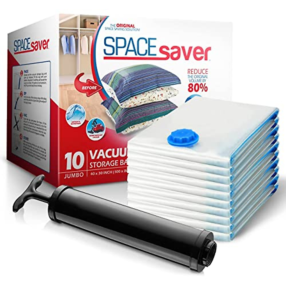 Spacesaver Vacuum Storage Bags (Jumbo 10pk) Save 80% on Clothes Storage Space - Space Saver Vacuum Storage Bags for Comforters, Blankets, Bedding, Compression Seal for Closet Storage - Pump for Travel