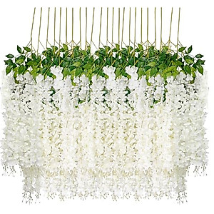 Lmeison 24 Pack Wisteria Hanging Flowers, Wisteria Garland Artificial Fake Wisteria Vine Rattan Hanging Garland Silk Flowers for Home, Party, Wedding Decor, White