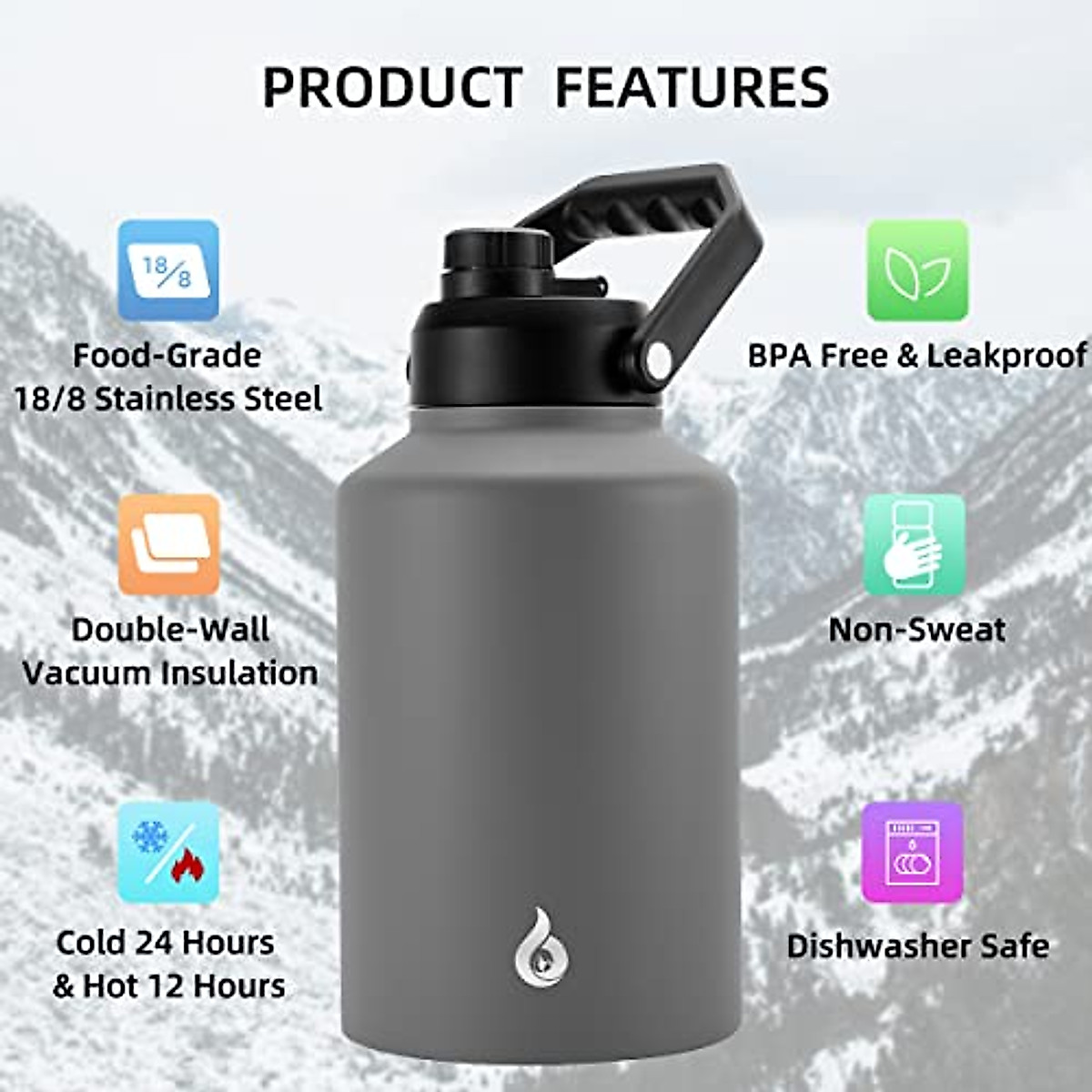 BJPKPK One Gallon(128oz) Insulated Water Bottle, Dishwasher Safe Stainless Steel Thermos, BPA Free Jug with Ergonomic Handle & Anti-slip Bottom, Large Water Bottle, Grey