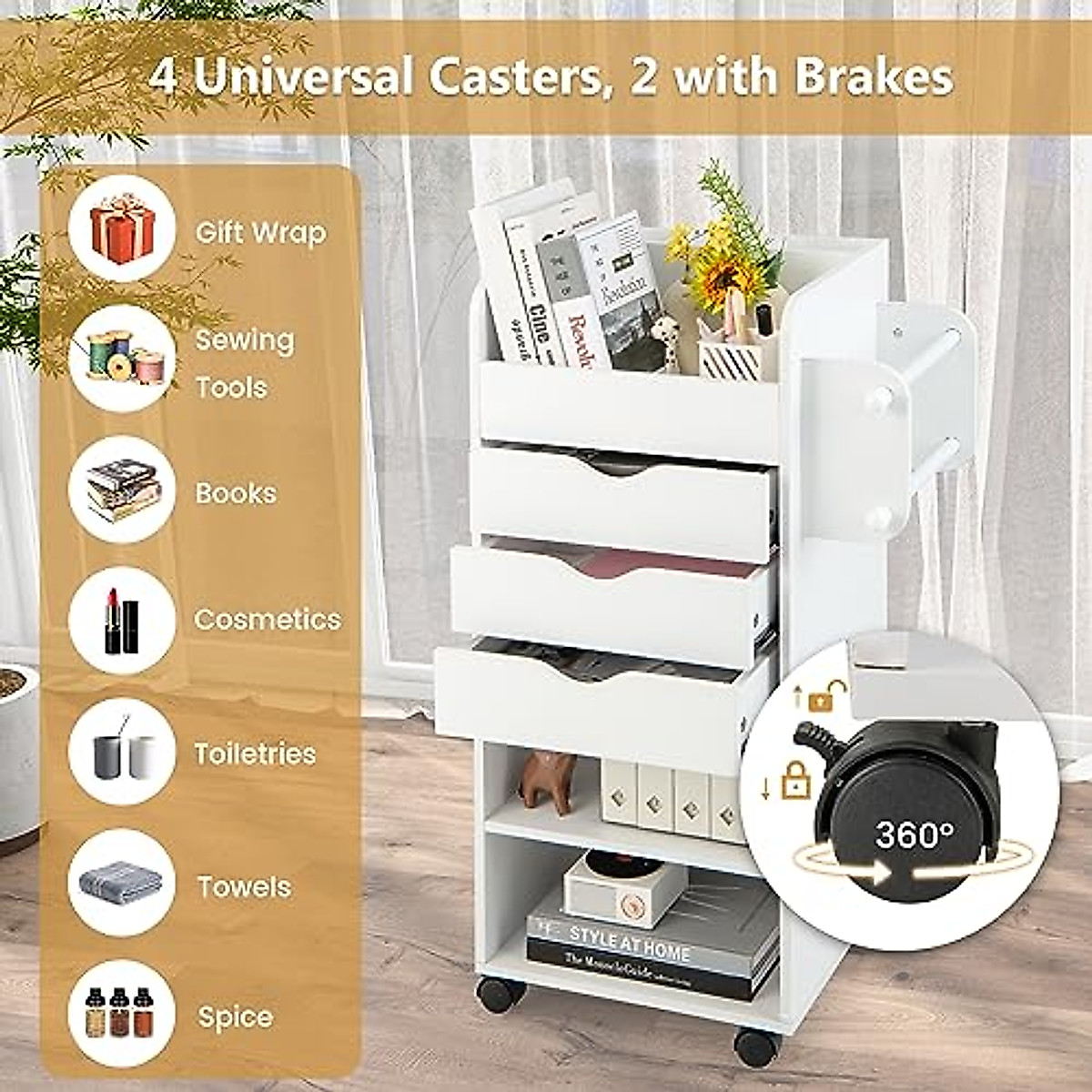 Giantex Craft Storage Cart - Utility Organizer Cart with 3 Drawers, 3 Shelves, 3 Slotted Compartments, 2 Rolling Rods, Crafting Sewing Cabinet on Wheels for Wrapping Paper Scrapbook Ribbon (White)