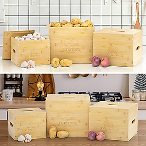 G.a HOMEFAVOR Large Potato and Onion Storage Bamboo Bin, 3 Piece Garlic Potato Onion Container, Vegetable Keeper, Bamboo Produce Box Sets for Family (Self-assembly)