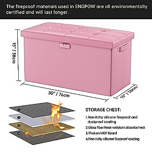 ENGPOW Storage Ottoman Bench,Fireproof Folding Storage Bench with Lock,30 Inches Fire＆Water Resistant Storage Chest Foot Rest Stool Leather Bedroom Bench with Storage Safe for Document,Valuables,Pink