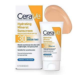 CeraVe Tinted Sunscreen with SPF 30 | Hydrating Mineral Sunscreen With Zinc Oxide & Titanium Dioxide | Sheer Tint for Healthy Glow | 1.7 Fluid Ounce