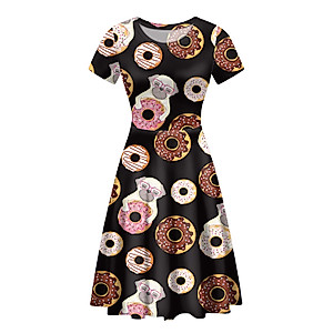 POLERO Funny Donuts Pugs Dogs Print Women Fashion Confort Midi Dress Round Neck Short Sleeve Summer Dresses Animals Puppy Pets Eat Foods Size S