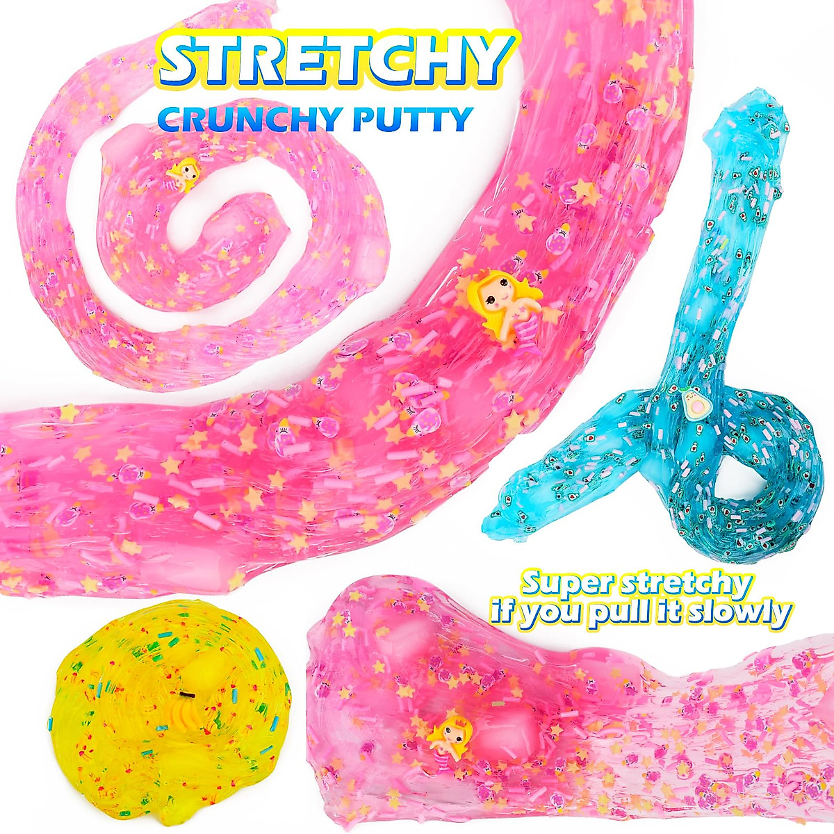 5 Pack Crystal Clear Slime Kit with Jelly Cubes Charms Add Ins for Girls Boys 10-12, Stars Moons Avocado Banana Pink Blue Crunchy Water Slime Set, Soft Sludge for Kids Birthday, Slime Party Favors