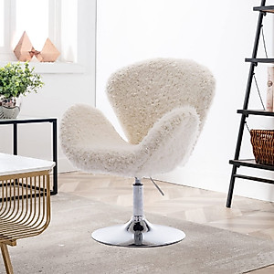 HEAH-YO Contemporary Curly Fur White Vanity Chair with Back, Height Adjustable Swivel Makeup Chair with Chrome Base for Reception Hall Home Dressing Room Shop Stool