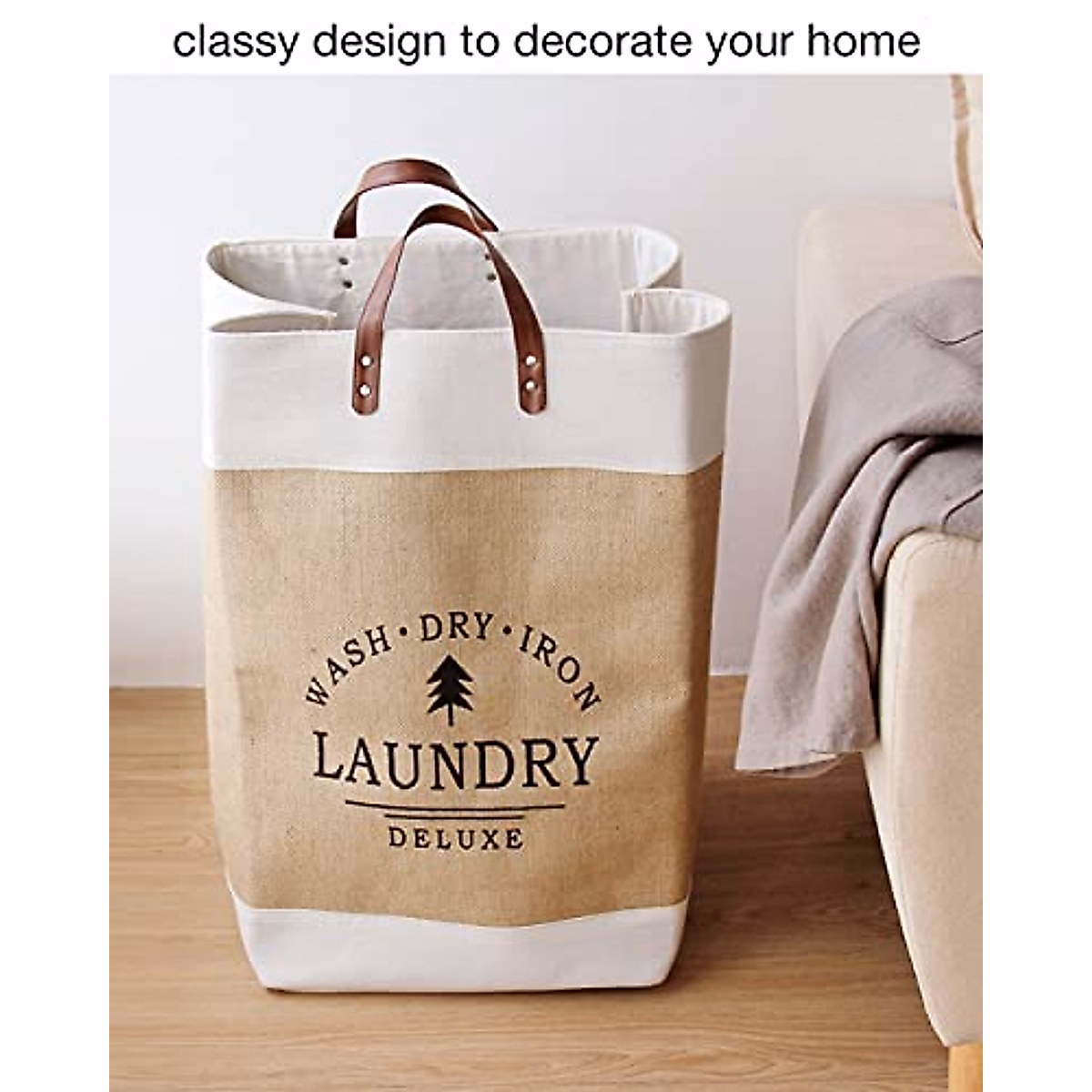 AMZTOP Linen Clothes Hamper Patchwork Collapsible Laundry Basket with Leather Handles for Storage Toys and Clothing in Bedroom, Bathroom Foldable Laundry Hamper 68L