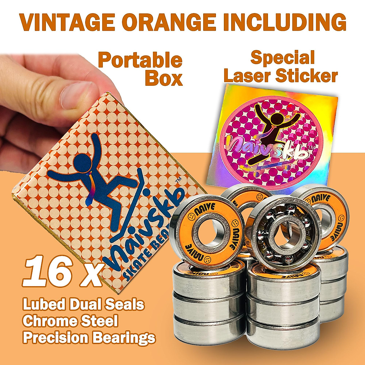 Naivskb Skate Bearings 8mm 16 Pack, Precision 608 Bearings Quad Inline Speed Roller Skate Derby Skateboard Longboard(Vintage Orange)