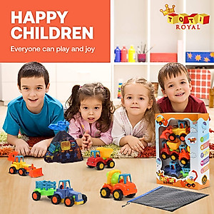 friction Powered Cars Push and Go Construction Vehicles Toy Set of 4 Cartoon Bulldozer, Tractor, Cement Mixer, Dump Truck - w/Bonus Mesh Bag Toddler/Baby-Friendly for Boys and Girls Ages 1-5 Kids Gift