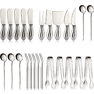 Spreader Knife Set Cheese Butter Spreader Knife Set Stainless Steel Cheese Butter Slicer Knives Cheese Spatula Set with Mini Serving Tongs Spoons Forks for Birthday Wedding Christmas (25)