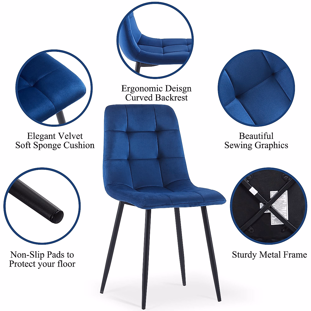 NORDICANA Navy Blue Velvet Dinner Chairs Set of 4, Modern Armless Biscuit Tufted Dining Side Chairs with Metal Legs for Kitchen Living Room Vanity