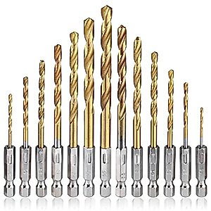 Mesee 13 Pieces Titanium Coated HSS Twist Drill Bit Set, Hex Shank High Speed Steel Drill Bits 1.5mm-6.5mm Quick Change Woodworking Drilling Tool