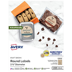 Avery Printable Round Labels, 2.5" Diameter, Kraft Brown, 1,125 Customizable Labels (22808)