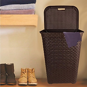 Elly décor Rattan 12 gallons Tall Plastic Laundry Hamper, Laundry Basket with Cutout Handles, Washing Bin, Dirty Clothes Storage, Bathroom, Bedroom, Closet, 48 lts Pink