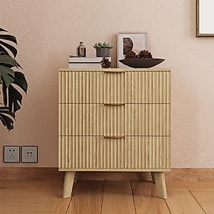 wirrytor 3 Drawer Dresser with Waveform Panel, Modern Closet Dressers Chest of Drawers, Wood Storage Dresser Chest of Drawers for Bedroom Living Room Hallway Closet(Natural)