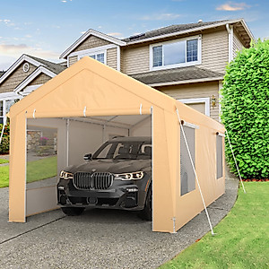 GYMAX Carport, 10x20ft Portable Garage with Roll-up Window, Removable Sidewall & Doors, Heavy Duty Metal Car Canopy for Truck, Boat, Automobiles, All Season Tent Shelter