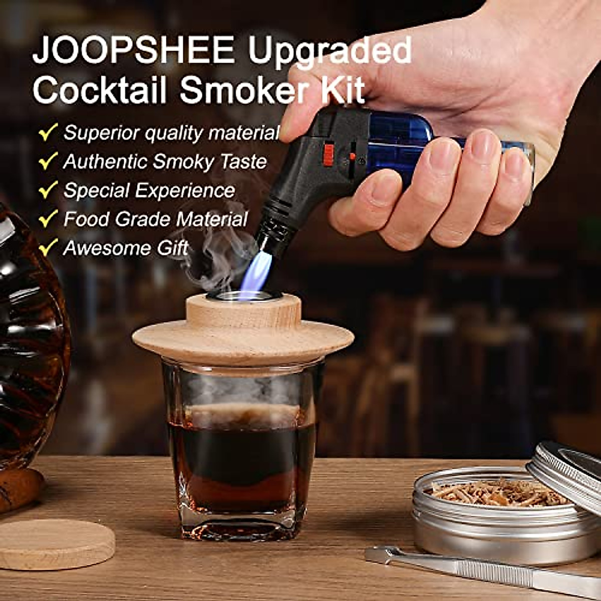 Cocktail Smoker Kit Whiskey Wine BBQ, Bar Party Flavor Drink Smoker Include Cherry Wood Chips, Filter, Tweezers, Drink Smoker Whiskey Lover, Christmas Gifts for Men/Brother/Dad/Grandpa