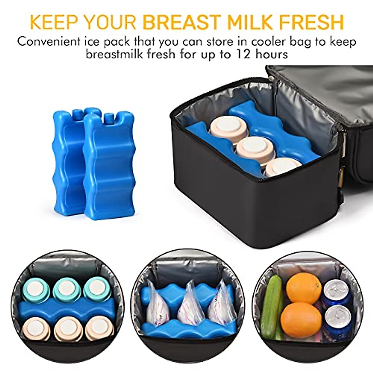 NCVI Breastmilk Cooler Bag with Ice Pack, Insulated Lunch Bag for Women Men, Baby Bottle Bag Fits 6 Bottles for Nursing Mom Daycare, Double Deck Cooling Bag, Work, Picnic (Black)