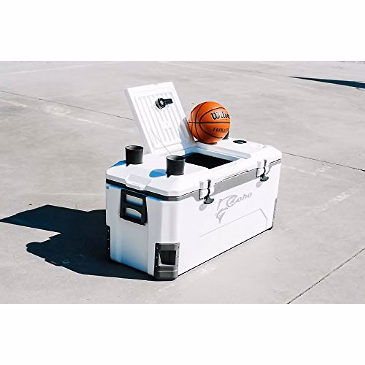 COHO 165QT Ice Chest Hard Cooler, Heavy Duty, High Performance Insulated Cooler with Fish Ruler, Removable Threaded Cup Holders, Magnetic Disc, Tie Down Loop, Easy Access Hatch