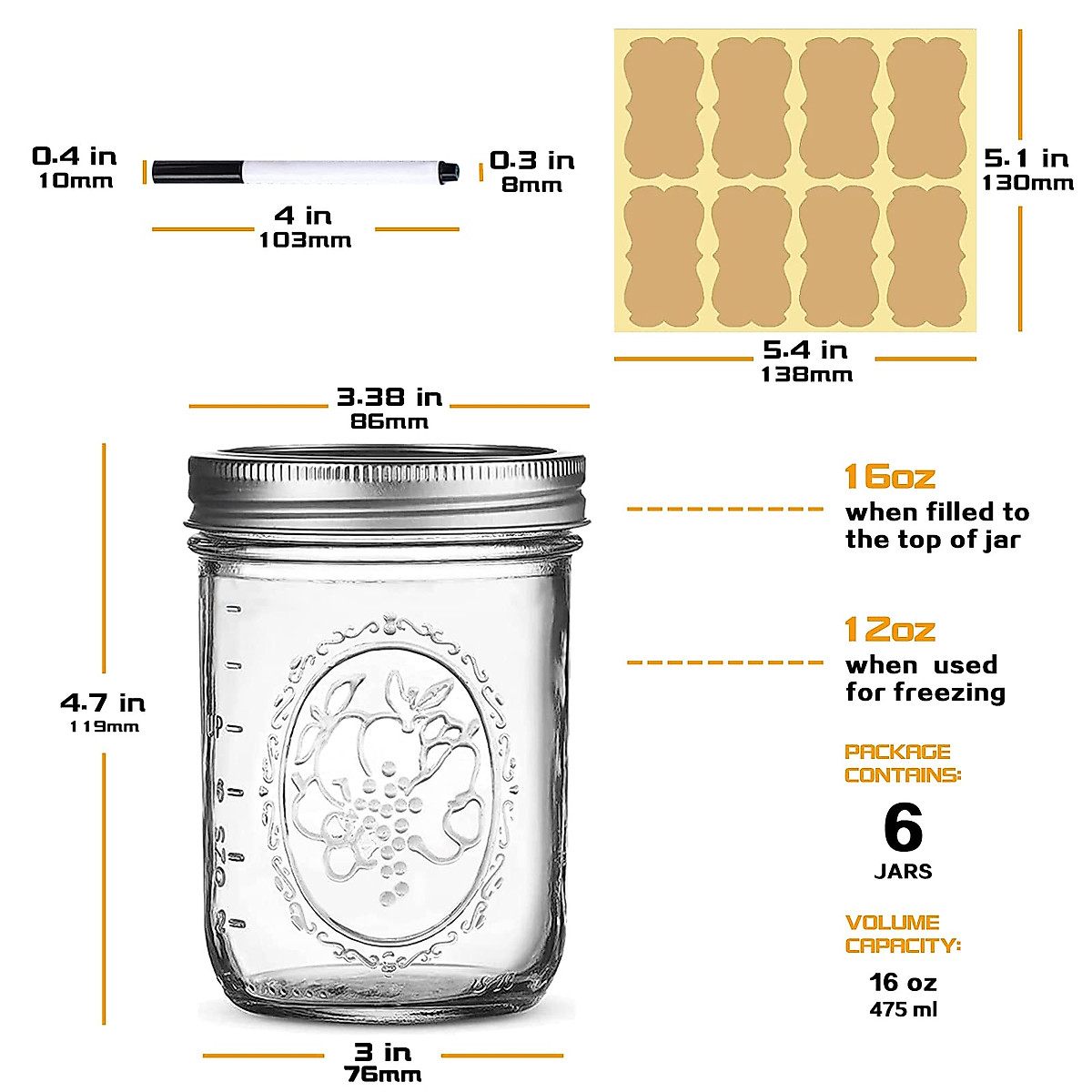 Wide Mouth Glass Mason Jars 16 oz, 6 Pack Glass Canning Jars with Metal Airtight Lids and Bands and Measurement Marks, for Canning, Preserving, Overnight Oats, Jam, Jelly, Food Storage, DIY etc