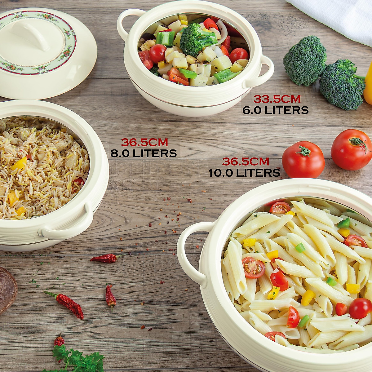 Asian Ambiente Large Food Warmer Hot Pot Set Of Insulated Casseroles 6 8 And 10 Litre