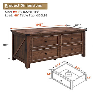 JXQTLINGMU 48" Coffee Table with 4 Large Storage Drawers, Modern Farmhouse Cocktail Table with Barn Door Design, Rustic Rectangle Center Table for Living Room, Office, Brown