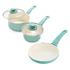GreenLife Soft Grip Healthy Ceramic Nonstick, Saucepans with Lids, 1QT and 2QT, Turquoise & Soft Grip Healthy Ceramic Nonstick, Frying Pan, 8", Turquoise