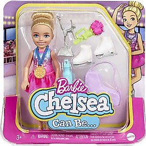 Barbie Chelsea Can Be Doll & Playset, Blonde Ice Skater Small Doll with Removable Outfit & 6 Career Accessories
