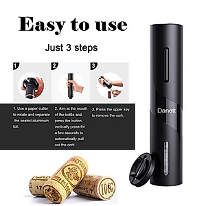 Danett Electric Wine Opener Set - Automatic Corkscrew Opener with Foil Cutter, Pourer, and Vacuum Stoppers - Battery Operated - 4-in-1 Wine Accessories Kit-for Wine Lovers