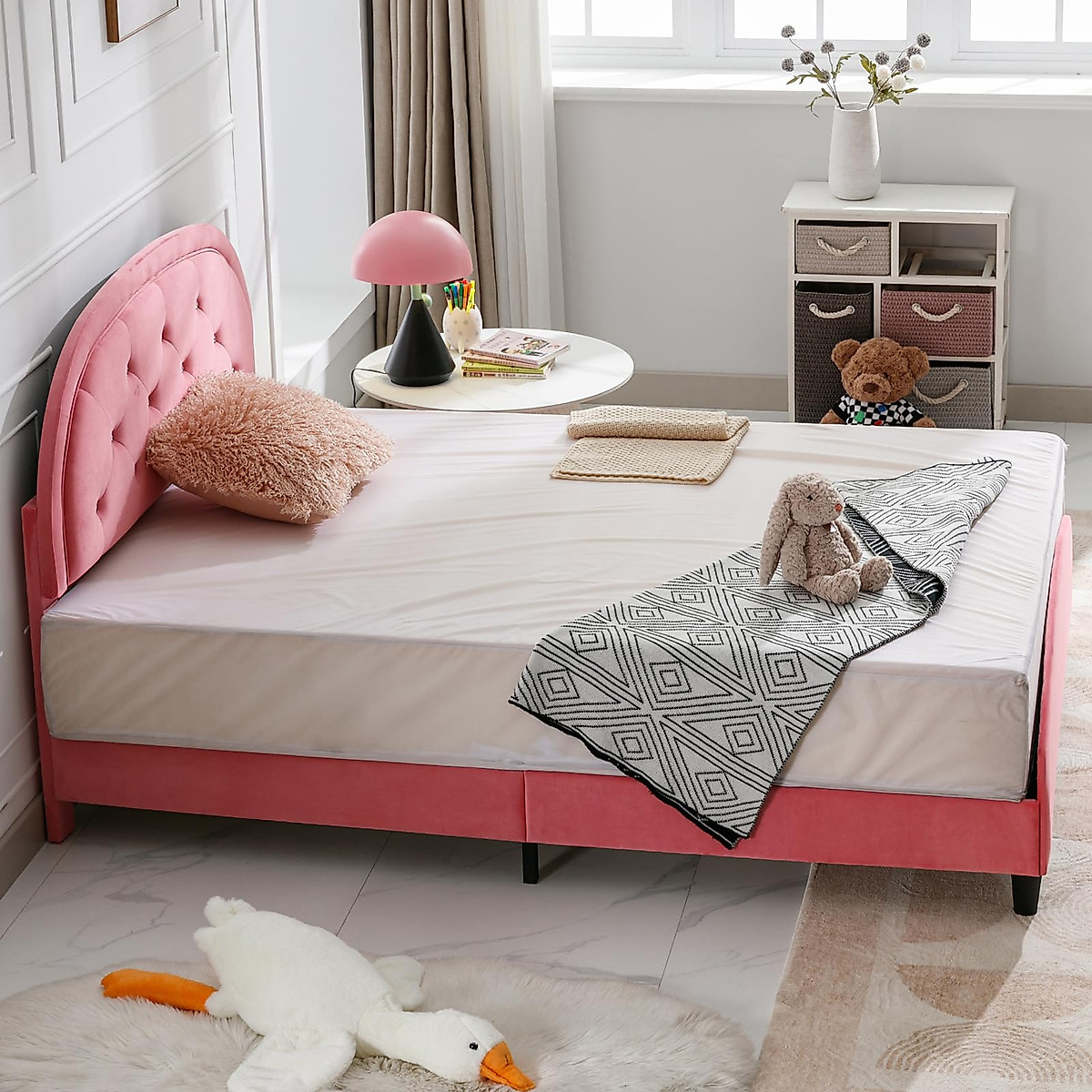 PUREMIND Twin Bed Frame for Kids, Kids Bed with Crystal Tufted Headboard, Princess Bed for Childs, Pink Dutch Velvet, Non-Slip Legs, Solid Wood Slats, Easy Assembly-Crystal Twin
