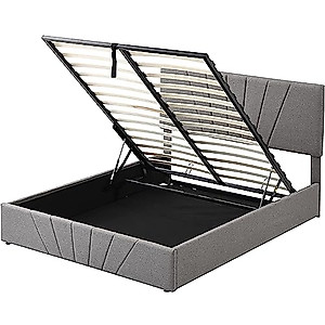 DNYN Queen Size Upholstered Platform Bed with Storage for Kids,Teen,Adults,Study Bedframe w/Wooden Slat Support,No Box Spring Needed & Easy Assembly, Gray