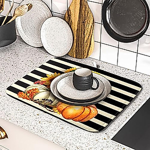 Sunflower Pumpkin Dish Drying Mat for Kitchen Counter,Black and White Stripe Drying Mat 16 x 18 Inch with Absorbent Reversible Microfiber Dish Drying Pad Dish Rack Drainer Mat for Coffee Bar