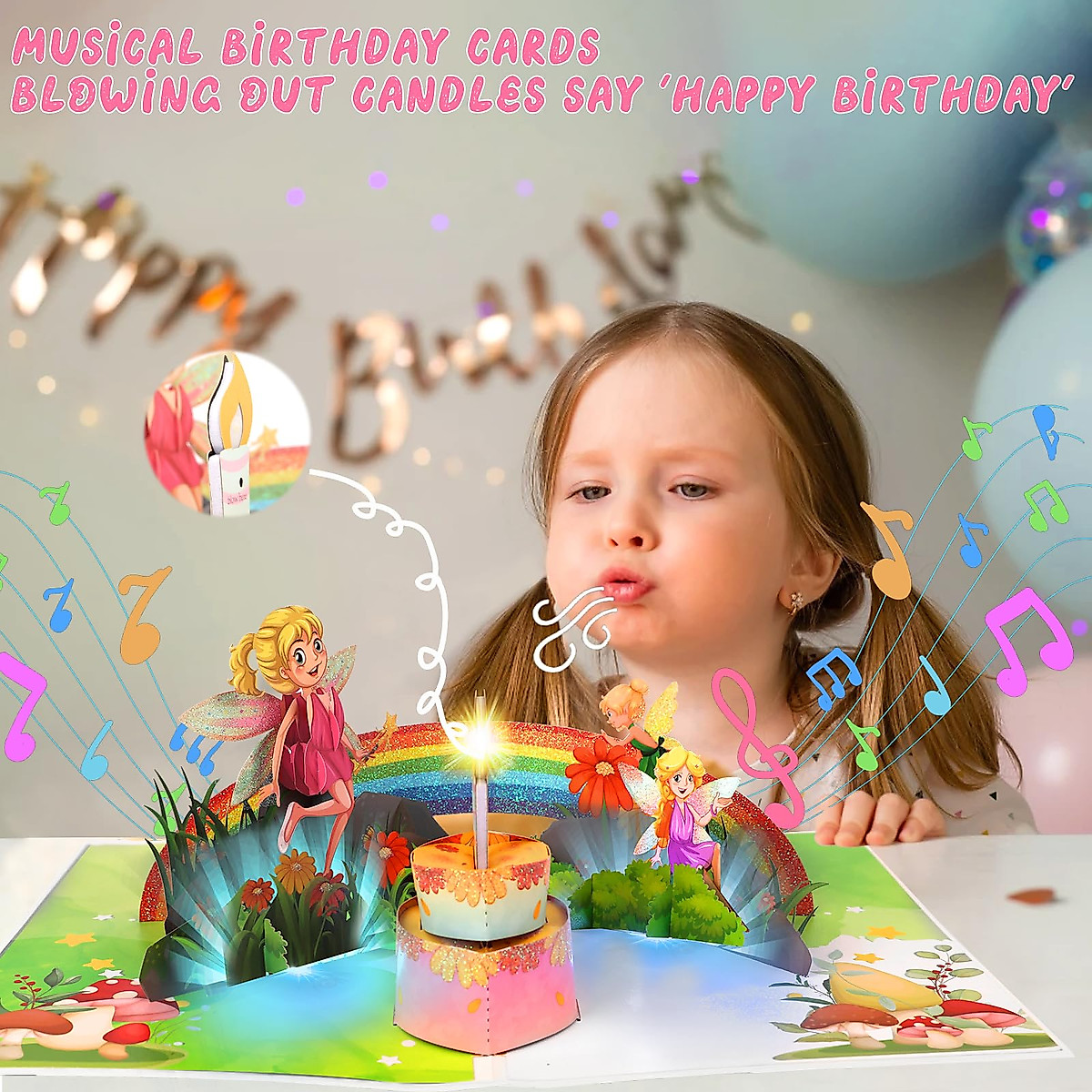 Ecloverlife Musical Birthday Card Girl, Pop Up 3D Birthday Card for Daughter, Granddaughter, Niece - Fairy Birthday Card with Blowable Canlde for 3/4/5/6/7/8 Years-Old Girls