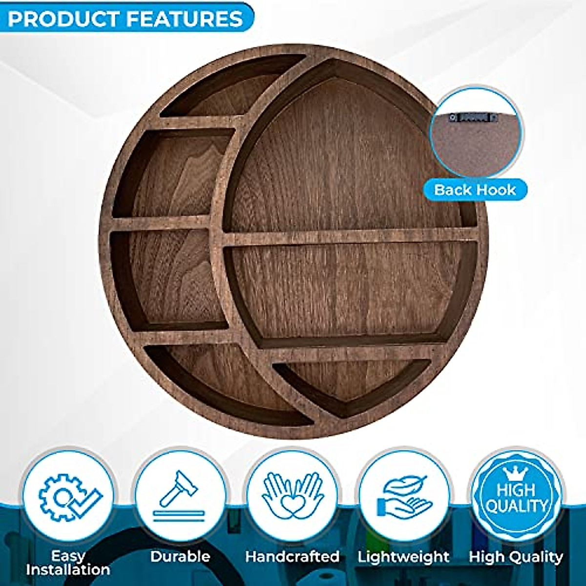 Wooden Crescent Moon Shelf Wall Decor - Decorative Boho Home Hanging Display Shelf for Bedroom, Dorm, Nursery - Easy Mount Storage for Crystals and Essential Oils - 14 x 14 x 3.5 (Brown)