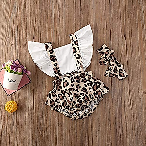 2Pcs Newborn Baby Girl Leopard Ruffles Sleeve Bodysuits Jumpsuit Headband Clothes Romper Set (A-Leopard, 0-6 Months)