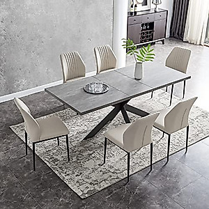 ZckyCine 6-8 People Modern Dining Table Rectangular Kitchen Space-Saving Expandable Metal Frame (Gray + 6 Beige Chairs)