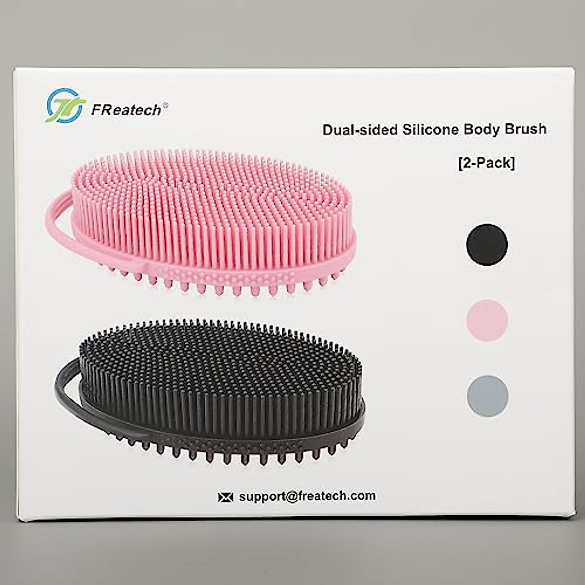 FREATECH Silicone Body Scrubber with Loop Handle, 2-Pack Gentle Exfoliating Body Cleansing Brush for Use in The Shower or Bath, More Hygienic Than Loofah, Easy to Clean, Long-Lasting, Grey & Pink