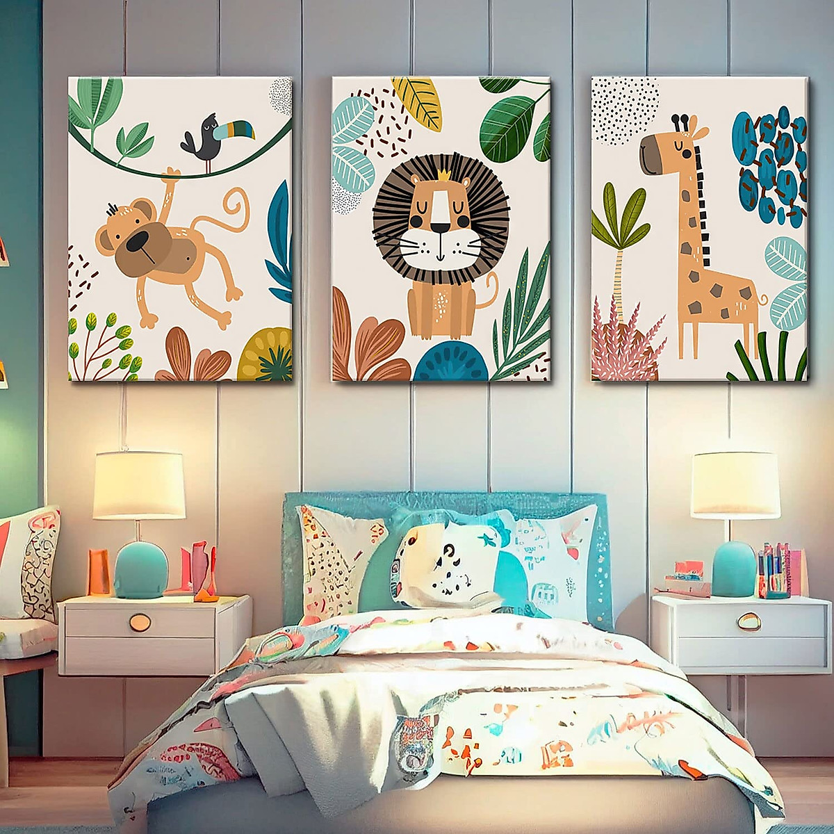 AKWISH 3Pcs Framed Safari Animals Canvas Wall Art Prints Picture Boy Girl's Kids RoomWall Decor for Classroom Shower Theme Decorations Nursery Baby Children's Room Bedroom Ready to Hang (12"x16"x3)