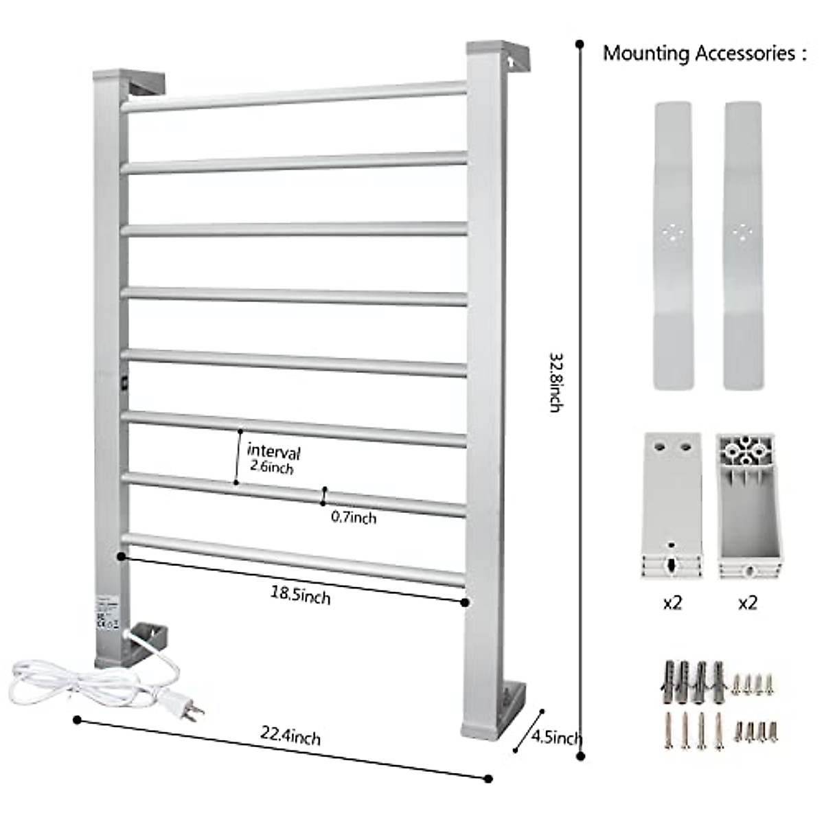 ELEGANTLIFE Electric Towel Warmer with Built-in Timer Auto Power Cutoff,Heavy Feet Steady Freestanding & Wall Mount Towel Warmers for Bathroom,8 Bars Heated Towel Rack Aluminum Oversized