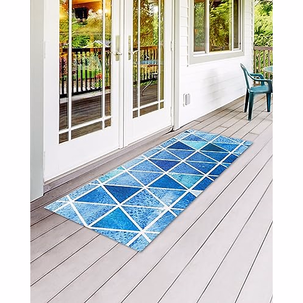 Welcome Mats, Blue Triangle Tile Pattern Door Mat, Non-Slip Absorbent Large 18x47 Inch Outdoor Indoor Mat Low-Profile Floor Mat Doormat for Entryway/Patio/Garage