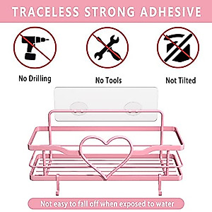 FLCITY Sweet Heart Shower Caddy with 4 Hooks, 2pcs No Drilling Self Adhesive Shower Organizer Shelf, Stainless Steel Bathroom Shower Shelf, Rustproof Shower Rack for Bathroom Kitchen Storage