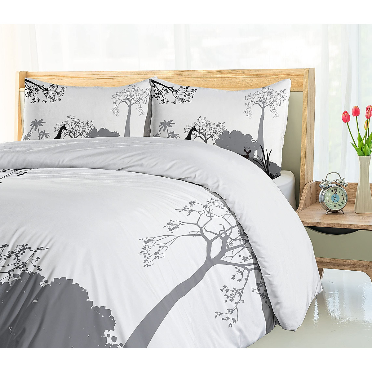 Ambesonne Savannah Duvet Cover Set, Grayscale Silhouette of Savannah Giraffe Deer and Trees Wild Region Theme Africa, Decorative 3 Piece Bedding Set with 2 Pillow Shams, Queen Size, White Grey